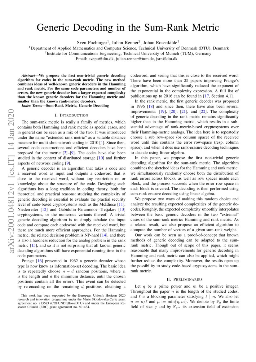 Generic Decoding In The Sum Rank Metric Deepai