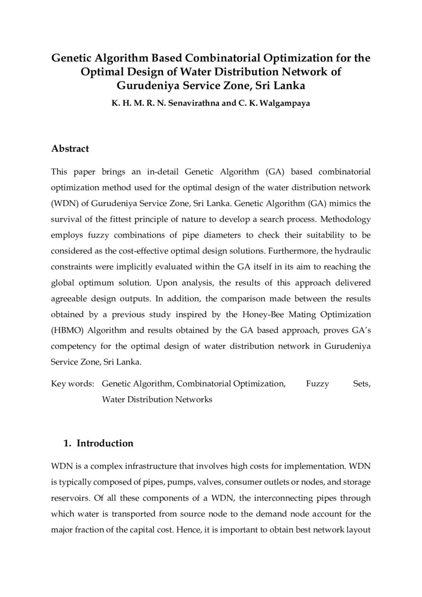 Genetic Algorithm Based Combinatorial Optimization For The Optimal Design Of Water Distribution