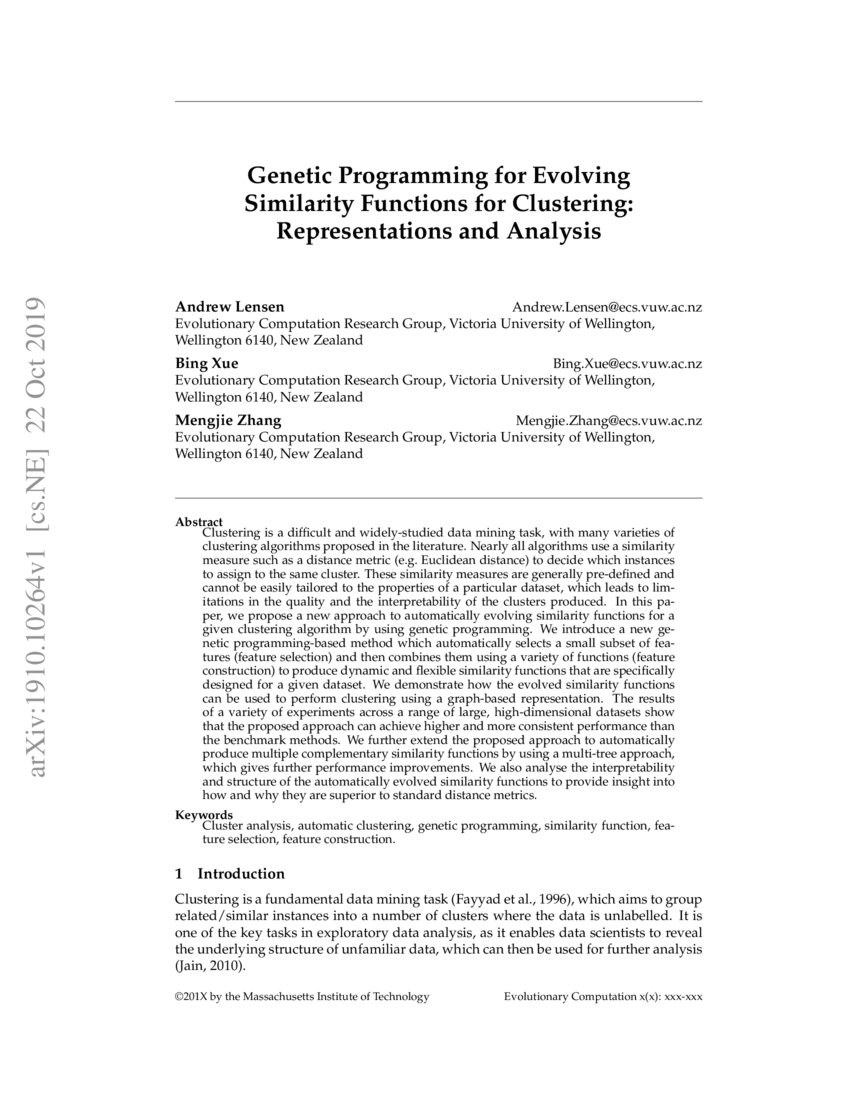 Genetic Programming For Evolving Similarity Functions For Clustering Representations And