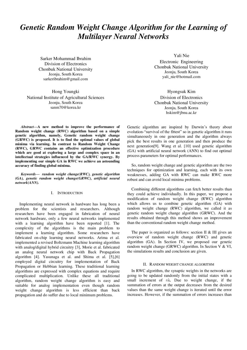 Genetic Random Weight Change Algorithm for the Learning of Multilayer Neural Networks | DeepAI