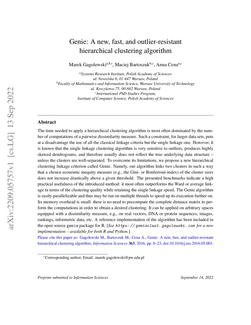 Genie A New Fast And Outlier Resistant Hierarchical Clustering Algorithm Deepai