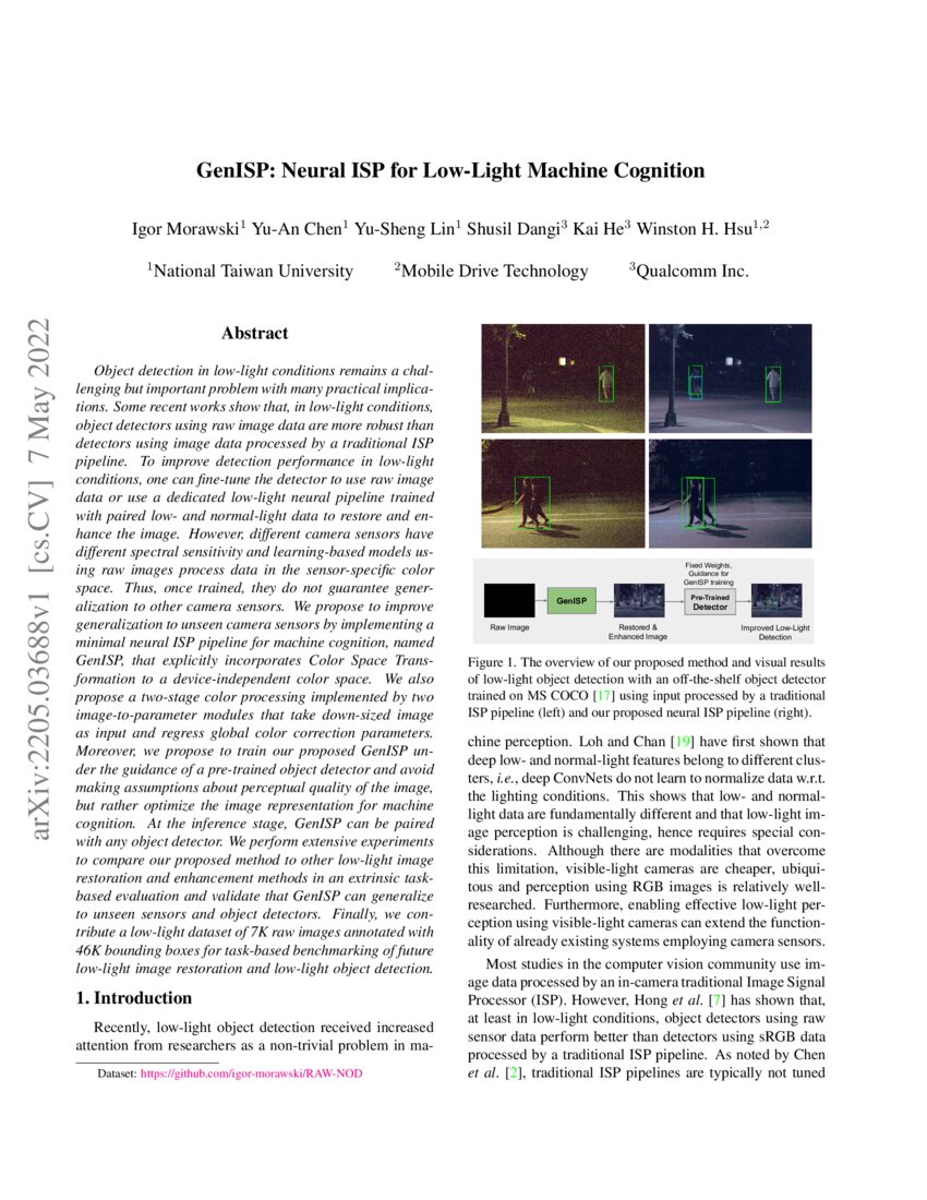 GenISP: Neural ISP for Low-Light Machine Cognition | DeepAI