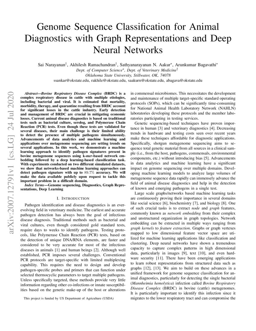 Genome Sequence Classification for Animal Diagnostics with Graph Representations and Deep Neural ...