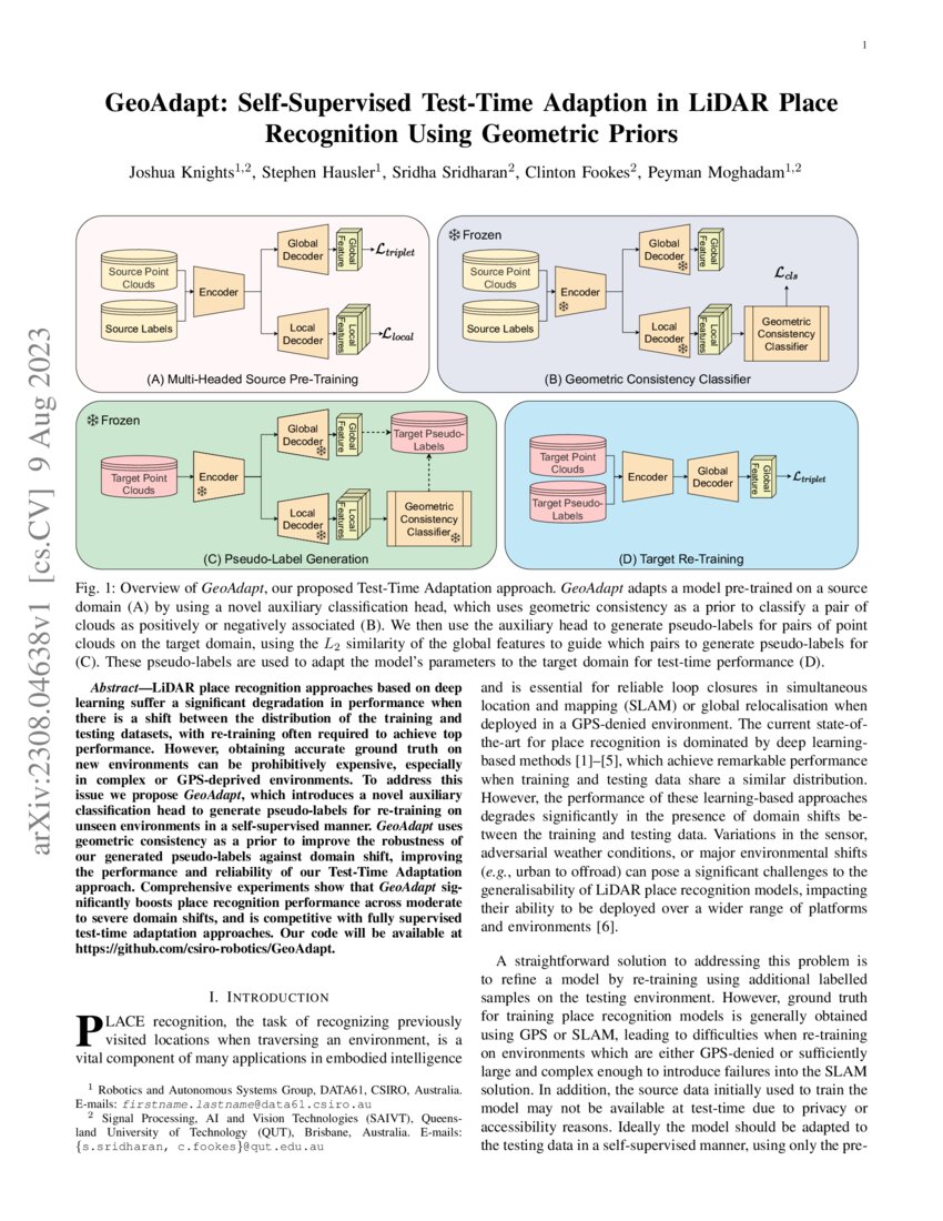 Geoadapt Self Supervised Test Time Adaption In Lidar Place Recognition Using Geometric Priors