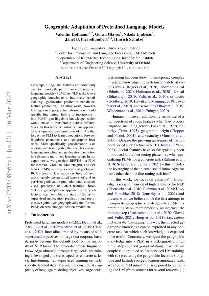 Geographic Adaptation of Pretrained Language Models | DeepAI