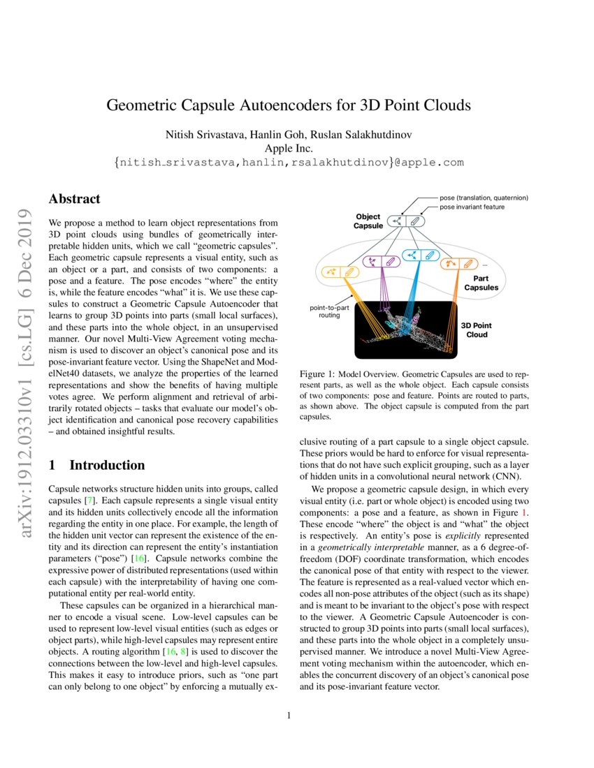 Geometric Capsule Autoencoders for 3D Point Clouds | DeepAI