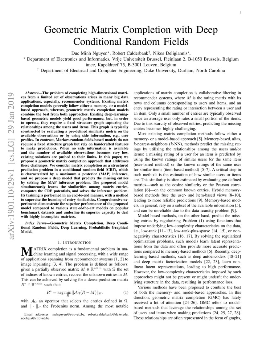 Geometric Matrix Completion with Deep Conditional Random Fields | DeepAI