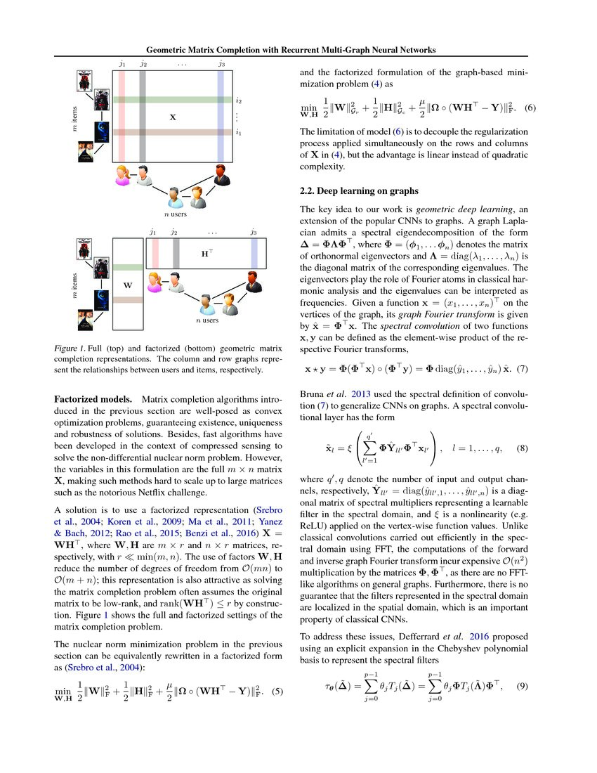 Geometric Matrix Completion with Recurrent Multi-Graph Neural Networks | DeepAI
