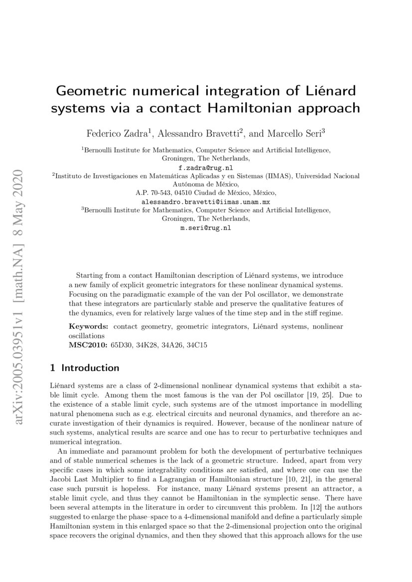 Geometric Numerical Integration Of Lìenard Systems Via A Contact Hamiltonian Approach Deepai