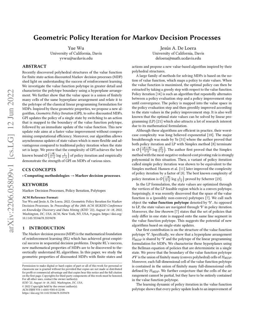 Geometric Policy Iteration For Markov Decision Processes Deepai