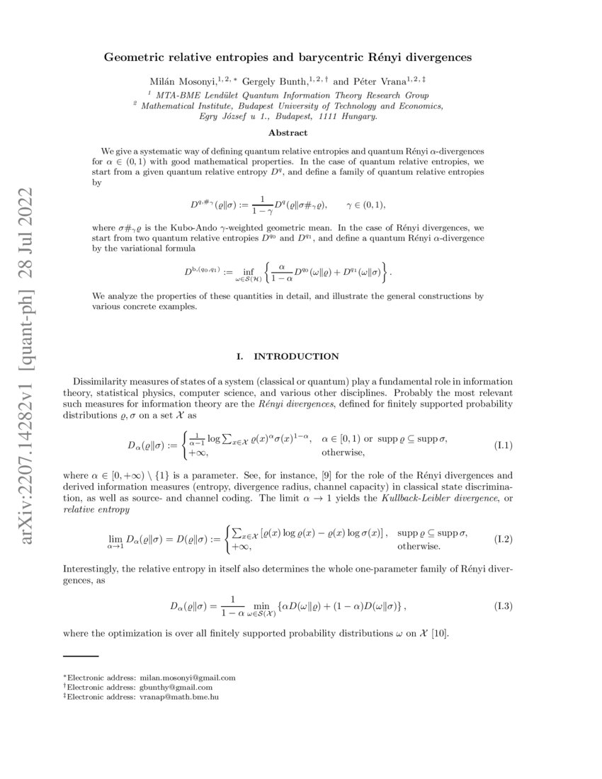 Geometric relative entropies and barycentric Rényi divergences | DeepAI