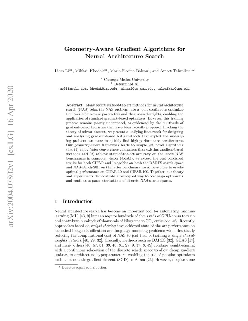 Geometry Aware Gradient Algorithms For Neural Architecture Search Deepai