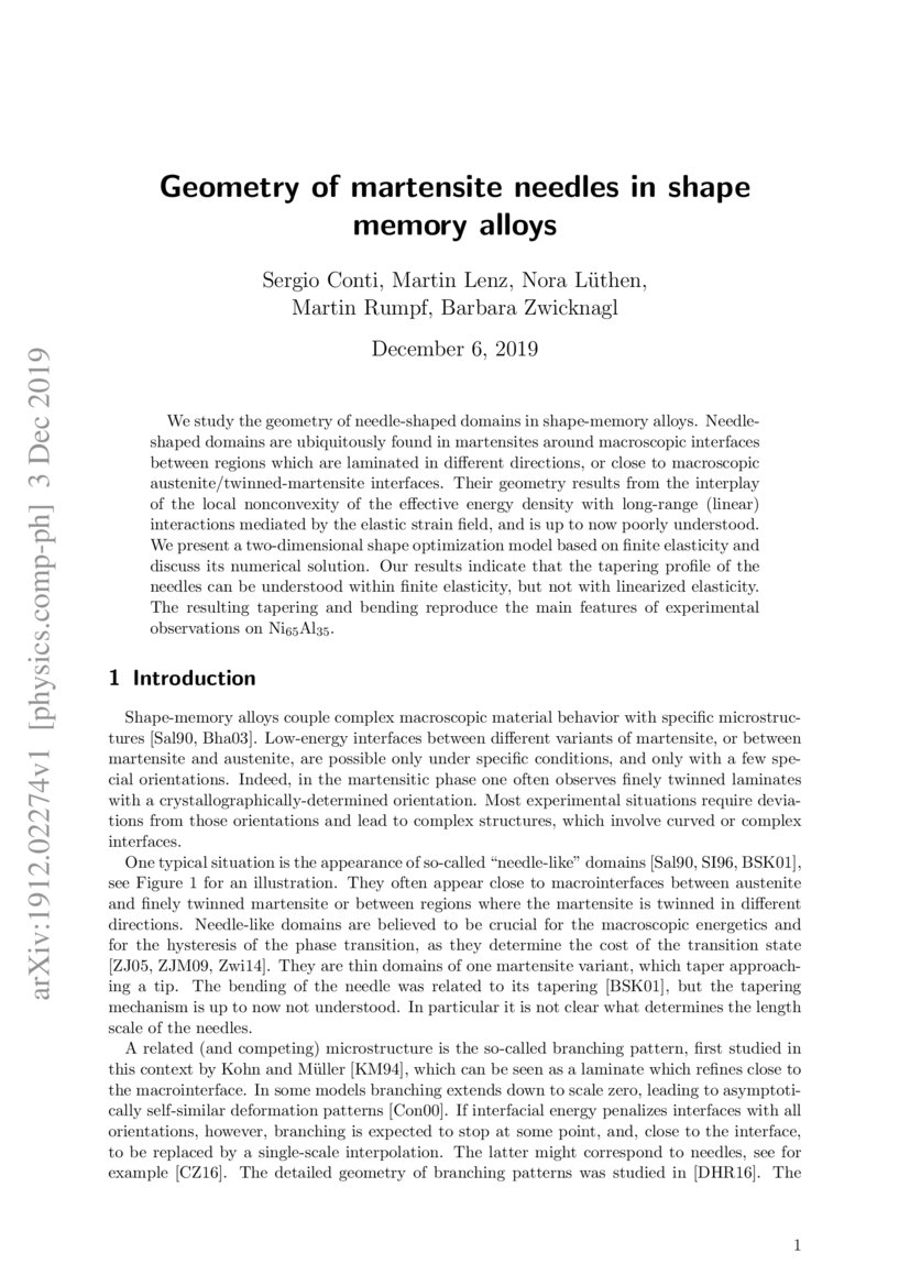 Geometry of martensite needles in shape memory alloys | DeepAI