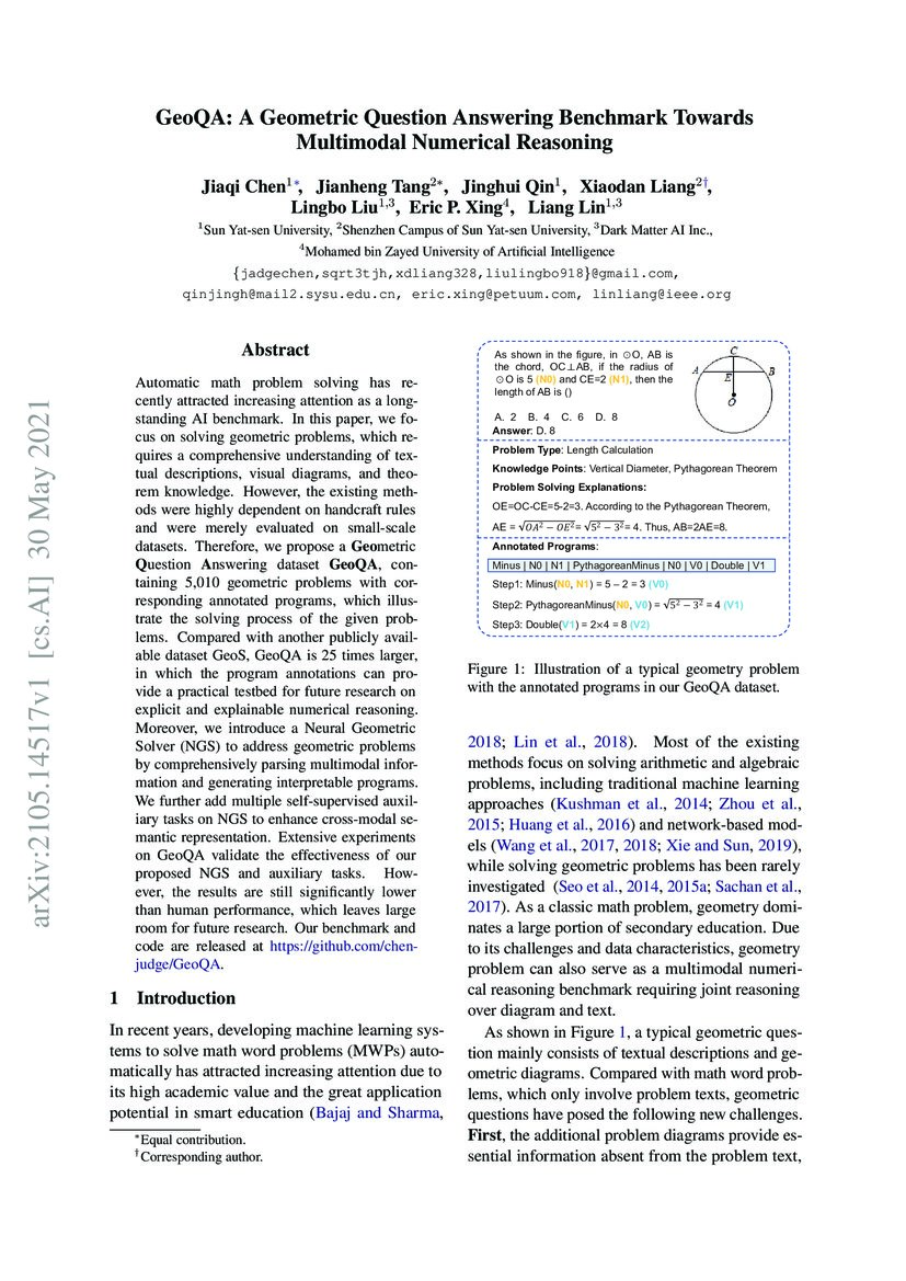 GeoQA: A Geometric Question Answering Benchmark Towards Multimodal Numerical Reasoning | DeepAI