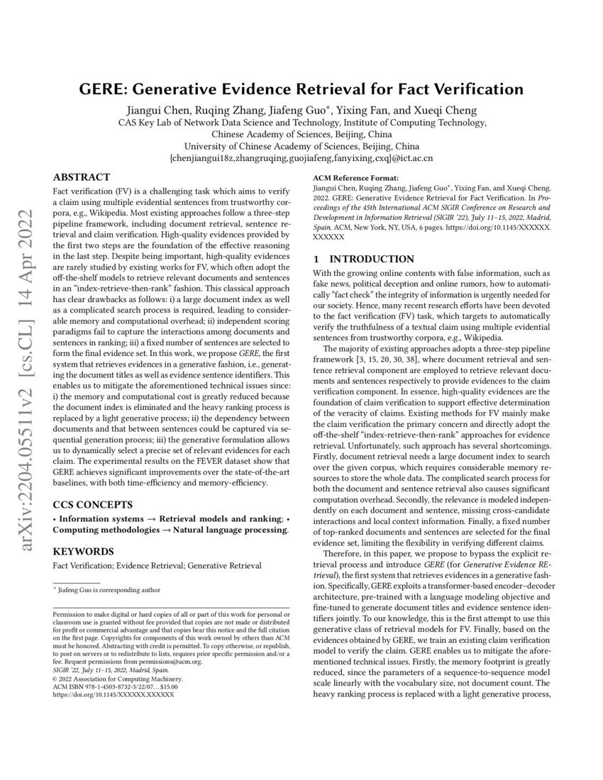 GERE: Generative Evidence Retrieval for Fact Verification | DeepAI