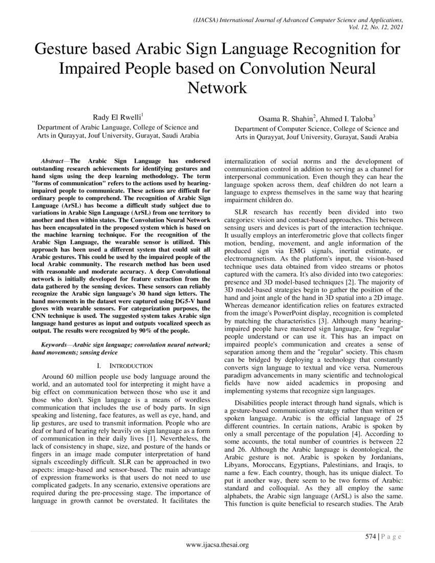 Gesture based Arabic Sign Language Recognition for Impaired People ...