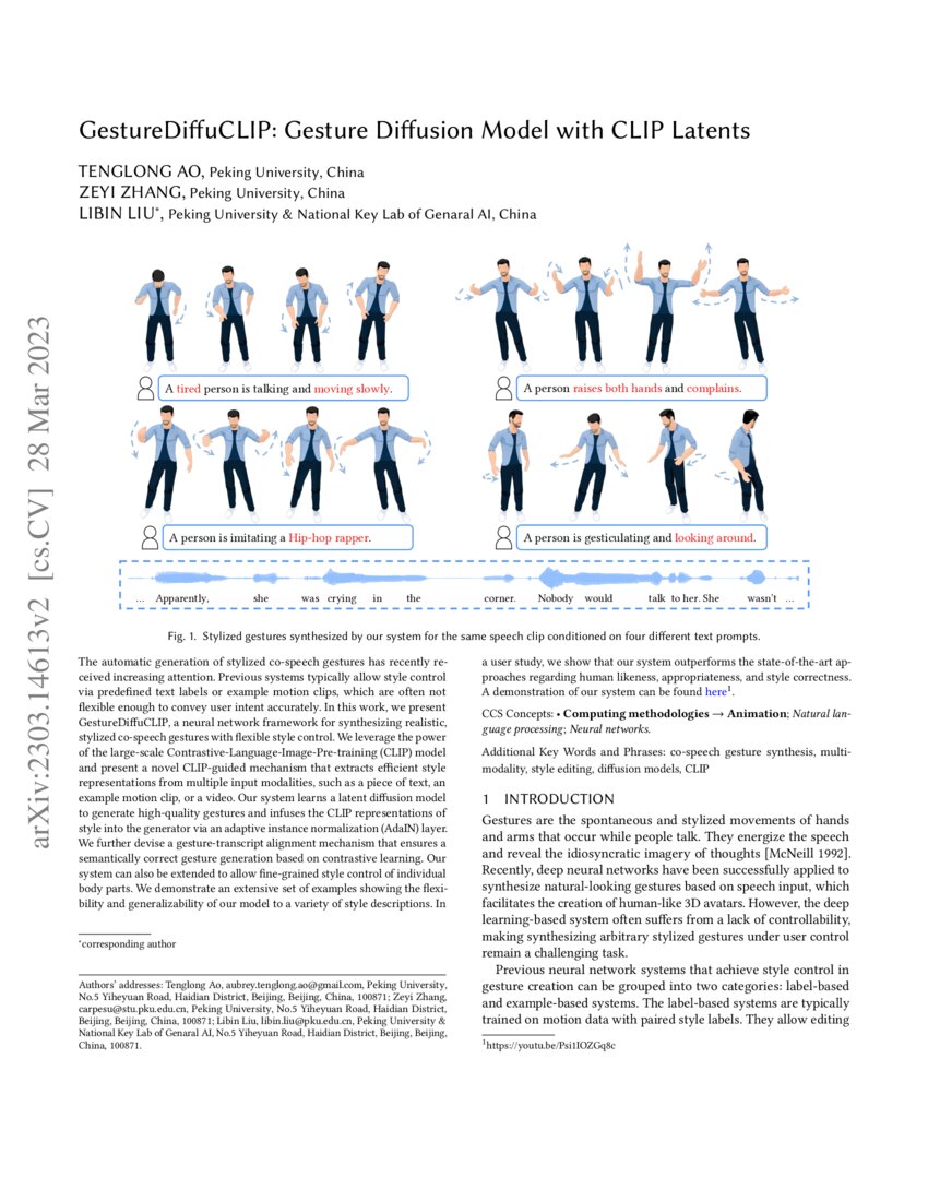 GestureDiffuCLIP: Gesture Diffusion Model with CLIP Latents | DeepAI