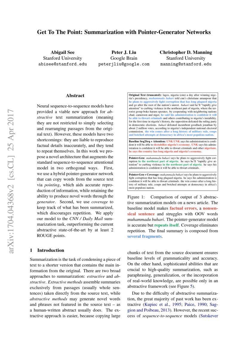 Get To The Point: Summarization with Pointer-Generator Networks | DeepAI