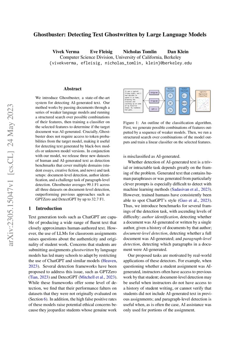 Ghostbuster: Detecting Text Ghostwritten by Large Language Models | DeepAI