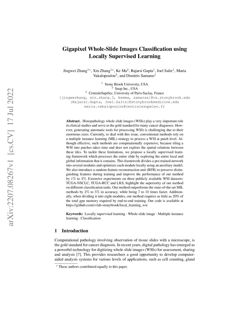 Gigapixel Whole-Slide Images Classification using Locally Supervised Learning | DeepAI
