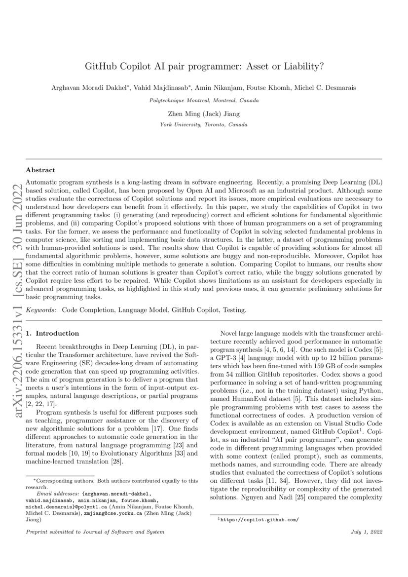 GitHub Copilot AI pair programmer: Asset or Liability? | DeepAI