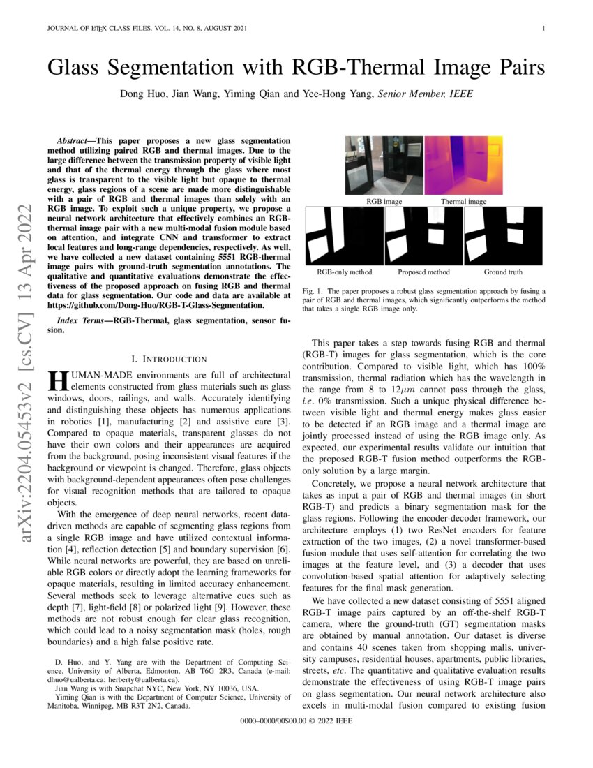 Glass Segmentation with RGB-Thermal Image Pairs | DeepAI