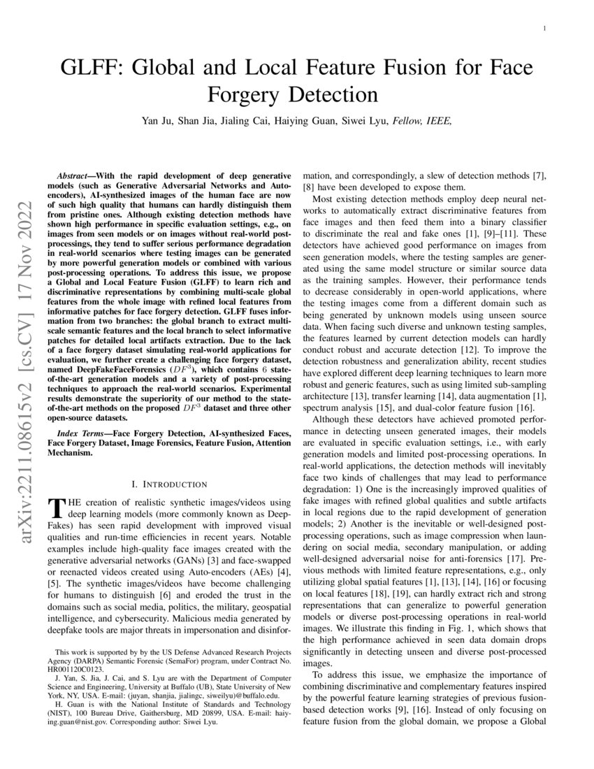 Glff Global And Local Feature Fusion For Face Forgery Detection Deepai
