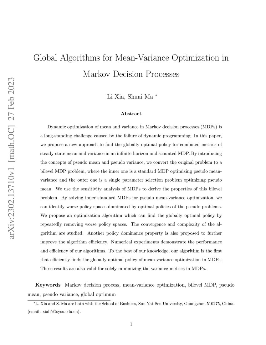 Global Algorithms For Mean Variance Optimization In Markov Decision
