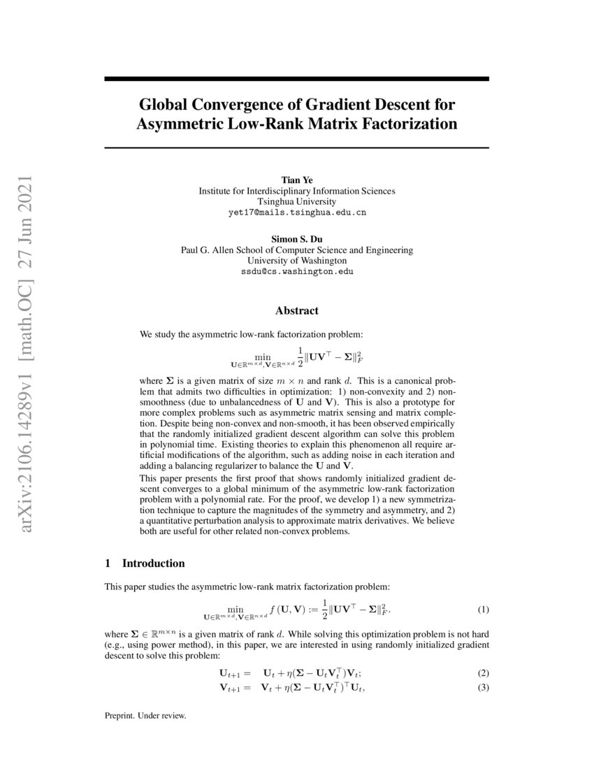 Global Convergence Of Gradient Descent For Asymmetric Low Rank Matrix Factorization Deepai