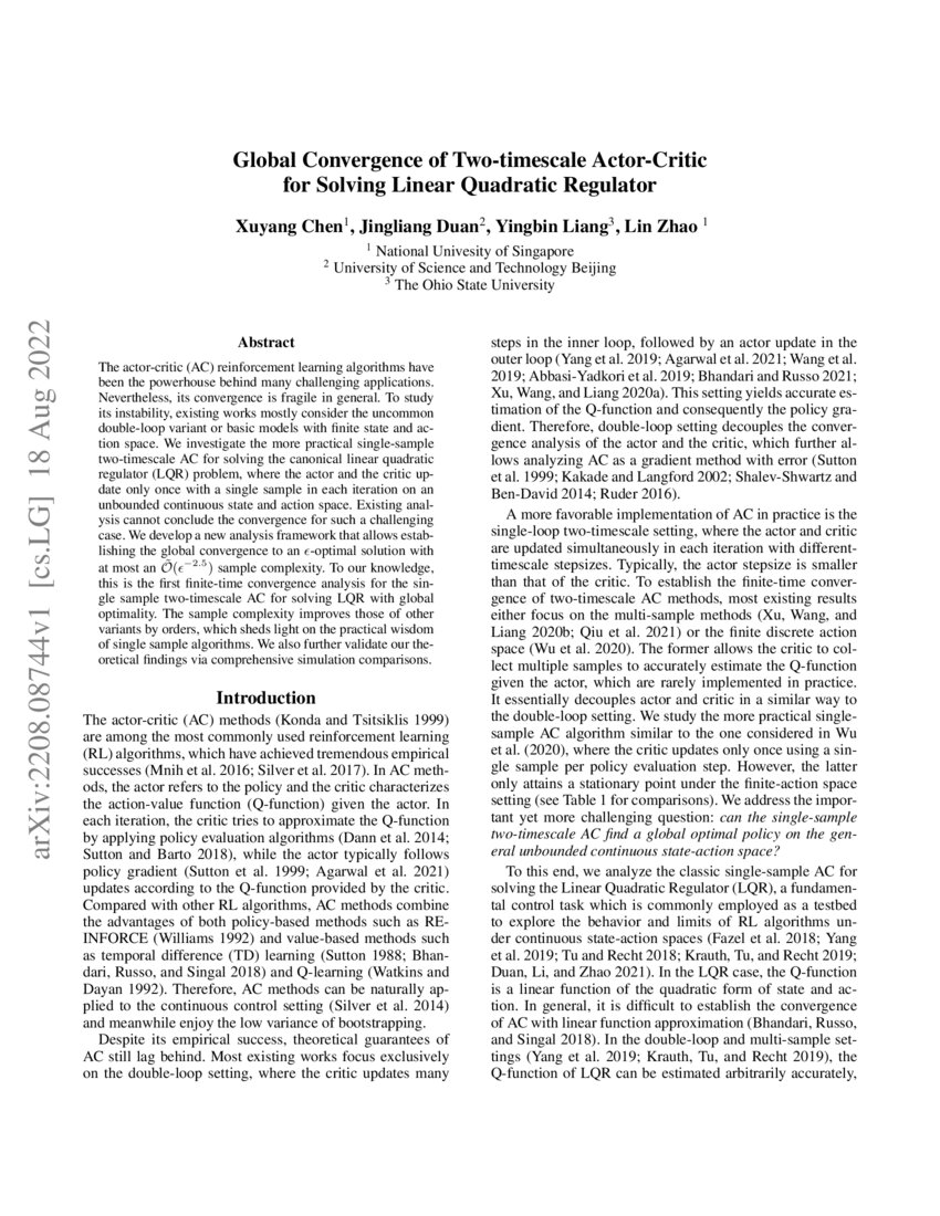 Global Convergence Of Two Timescale Actor Critic For Solving Linear Quadratic Regulator Deepai 9524
