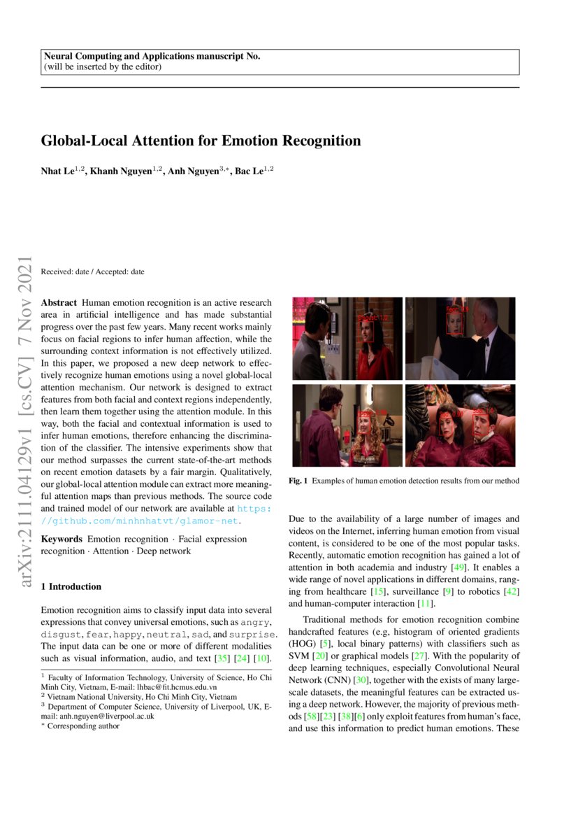 Global-Local Attention for Emotion Recognition | DeepAI