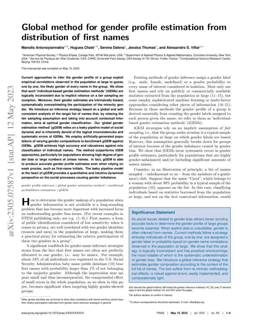 Global method for gender profile estimation from distribution of first ...