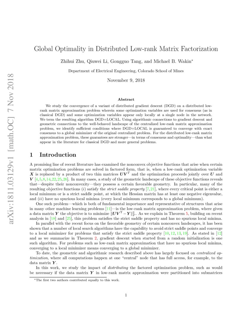 Global Optimality In Distributed Low Rank Matrix Factorization Deepai