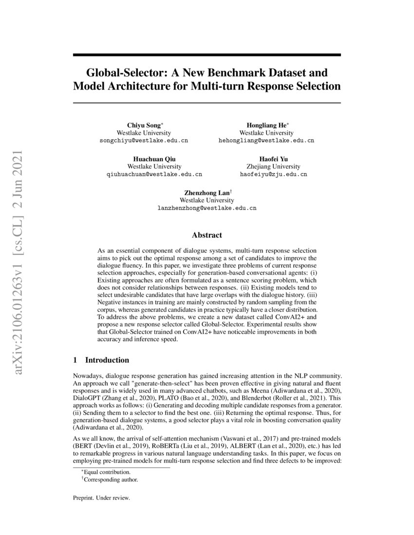 Global-Selector: A New Benchmark Dataset and Model Architecture for Multi-turn Response ...