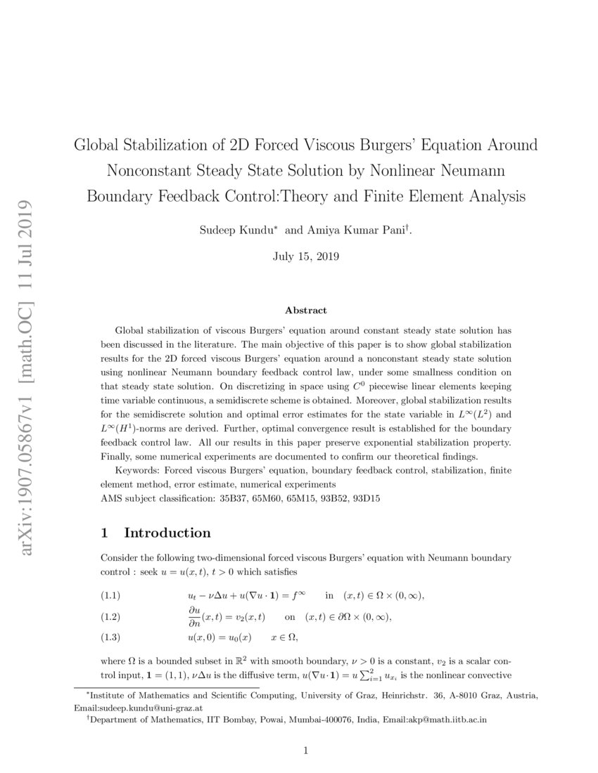 Global Stabilization of 2D Forced Viscous Burgers' Equation Around Nonconstant Steady State ...