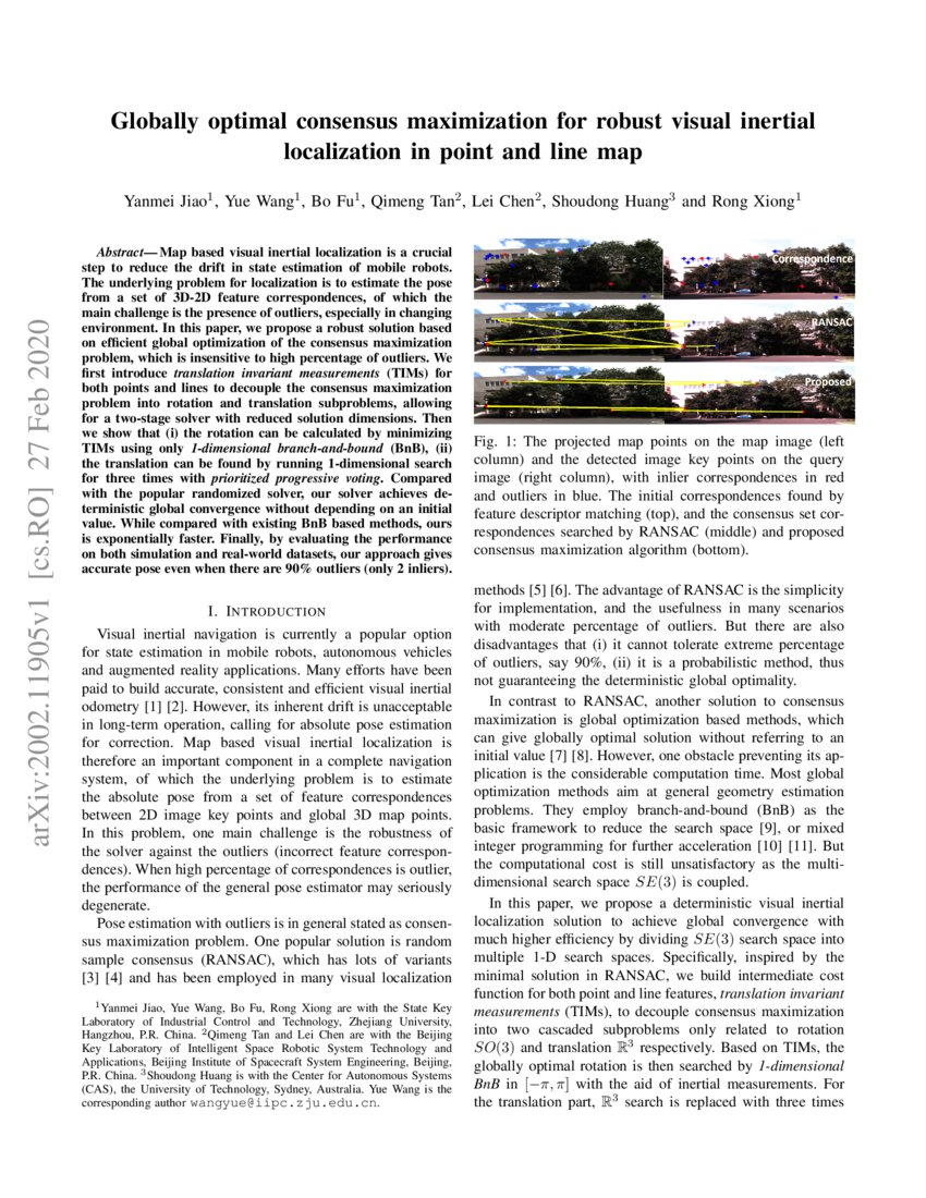 Globally optimal consensus maximization for robust visual inertial ... Globally optimal consensus maximization for robust visual inertial ...
