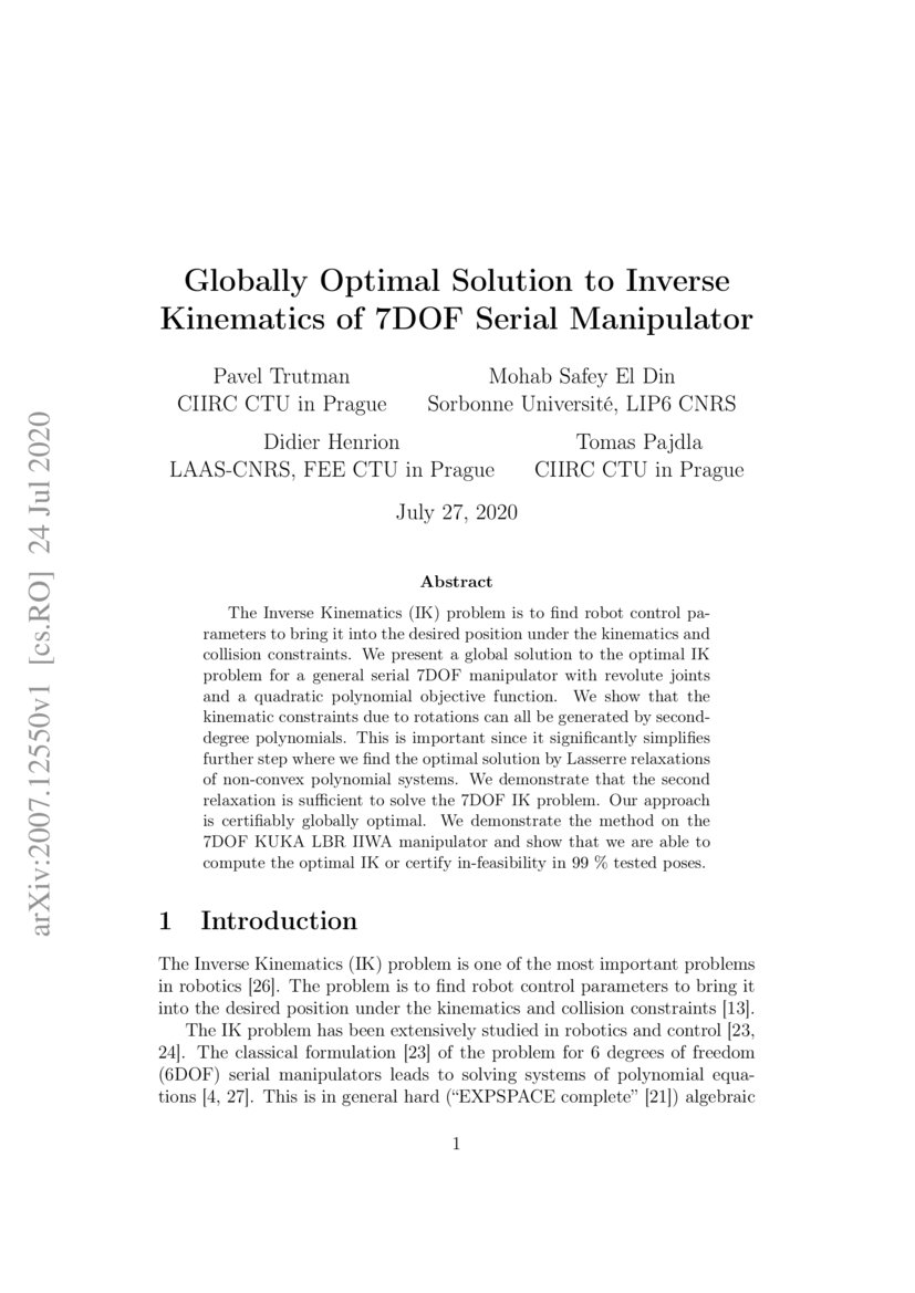 Globally Optimal Solution to Inverse Kinematics of 7DOF Serial Manipulator | DeepAI