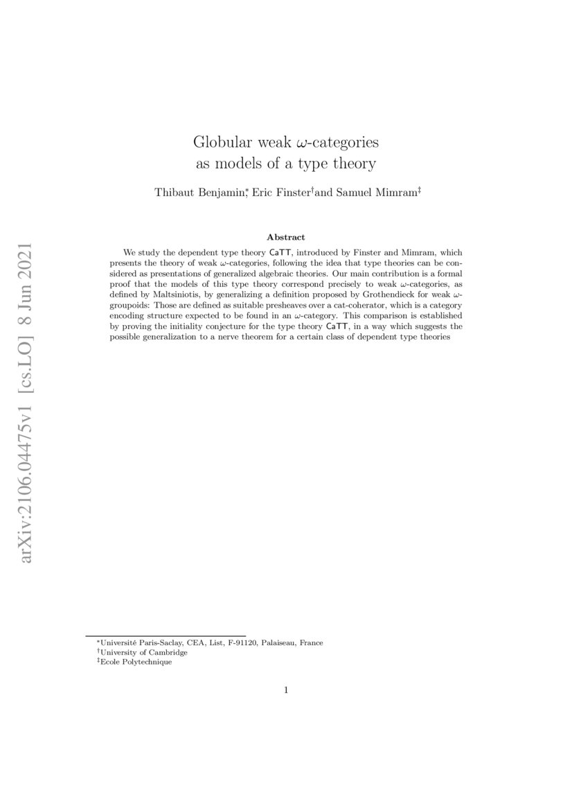 Globular Weak ω Categories As Models Of A Type Theory Deepai