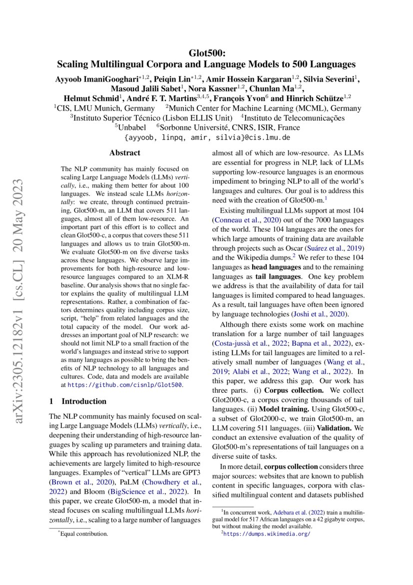 Glot500: Scaling Multilingual Corpora and Language Models to 500 Languages | DeepAI