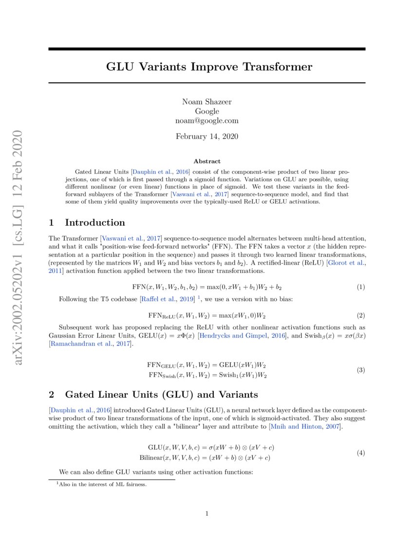 GLU Variants Improve Transformer | DeepAI