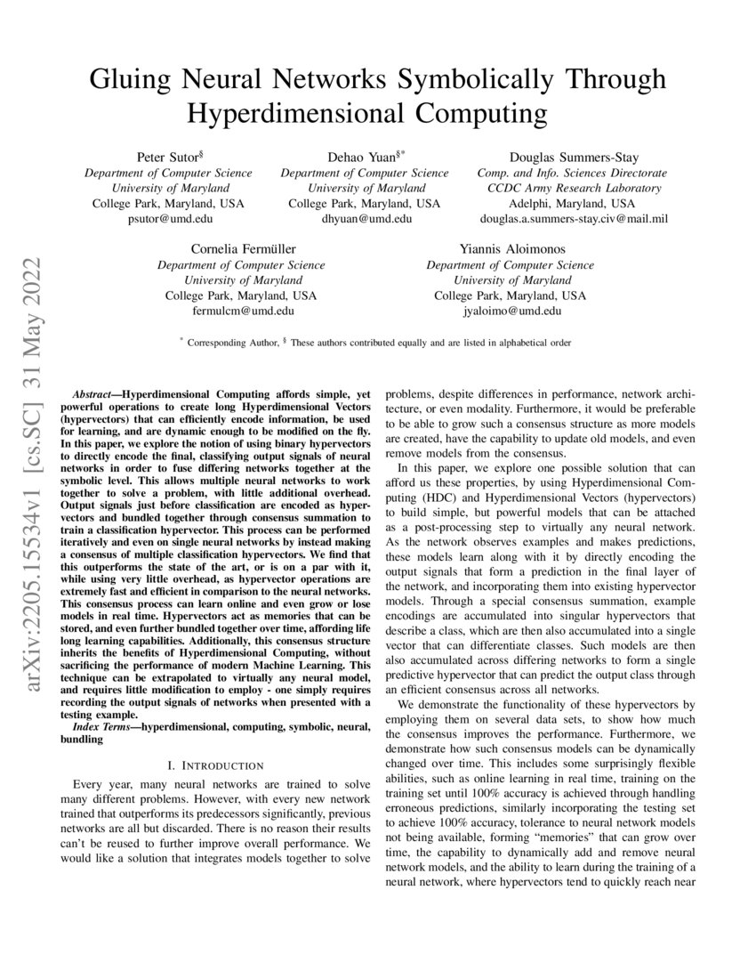 Gluing Neural Networks Symbolically Through Hyperdimensional Computing | DeepAI