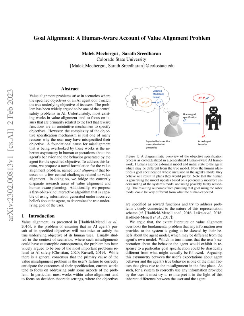 Goal Alignment: A Human-Aware Account of Value Alignment Problem | DeepAI