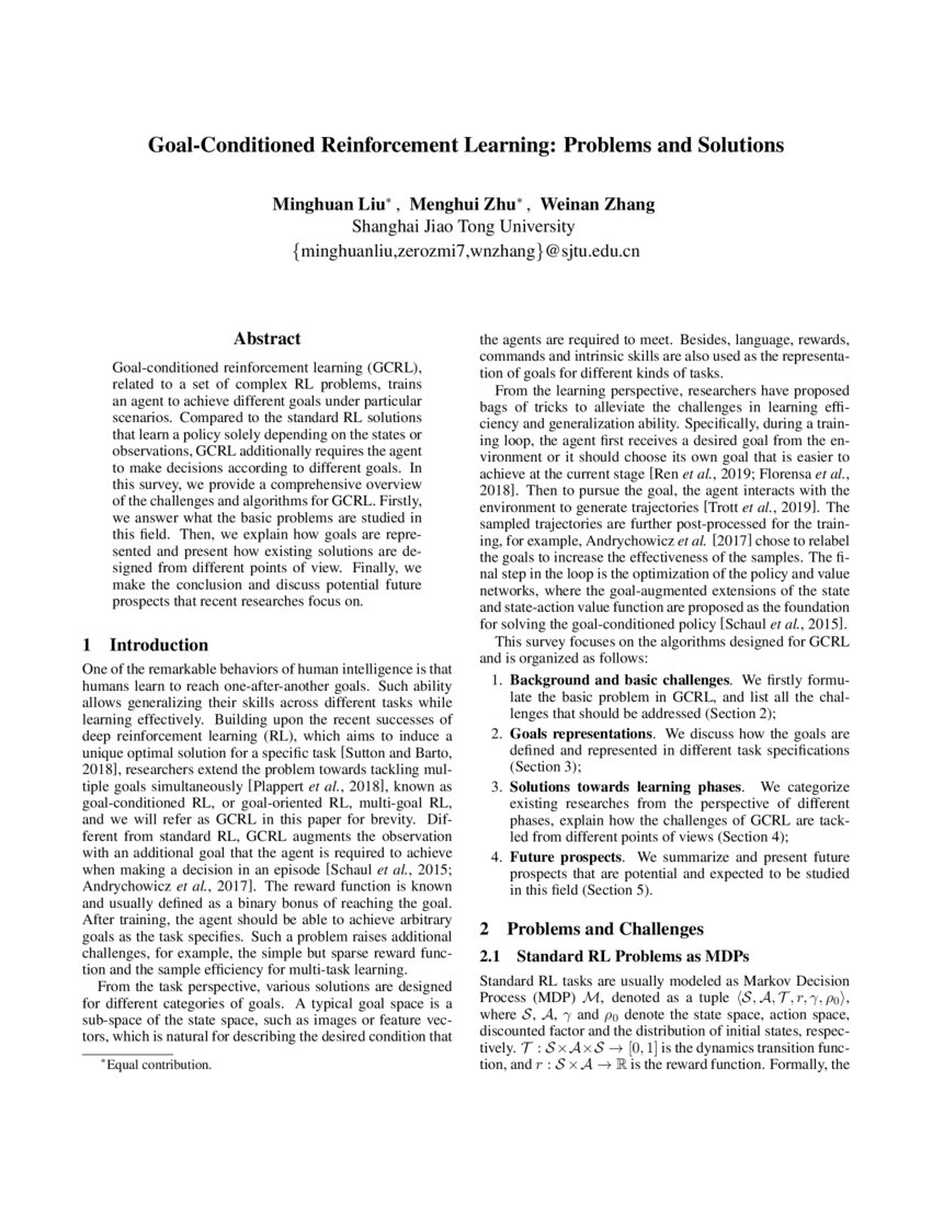 Goal Conditioned Reinforcement Learning Problems And Solutions Deepai