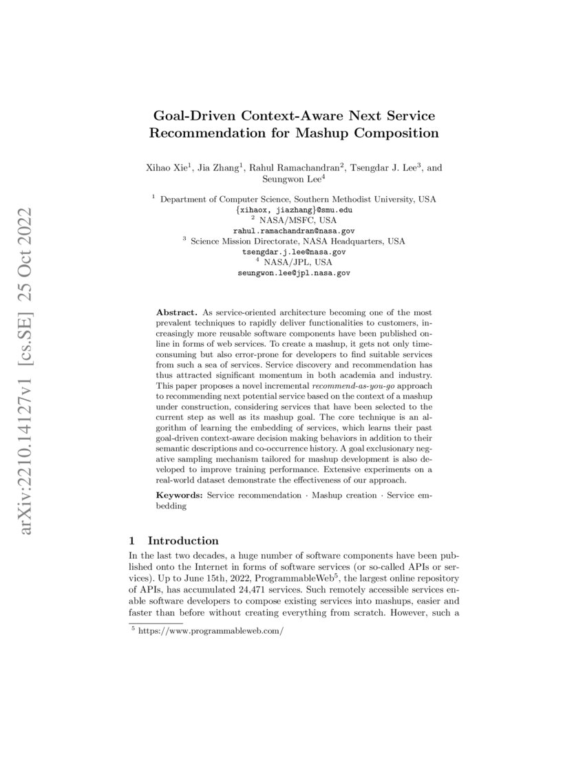 Goal Driven Context Aware Next Service Recommendation For Mashup Composition Deepai