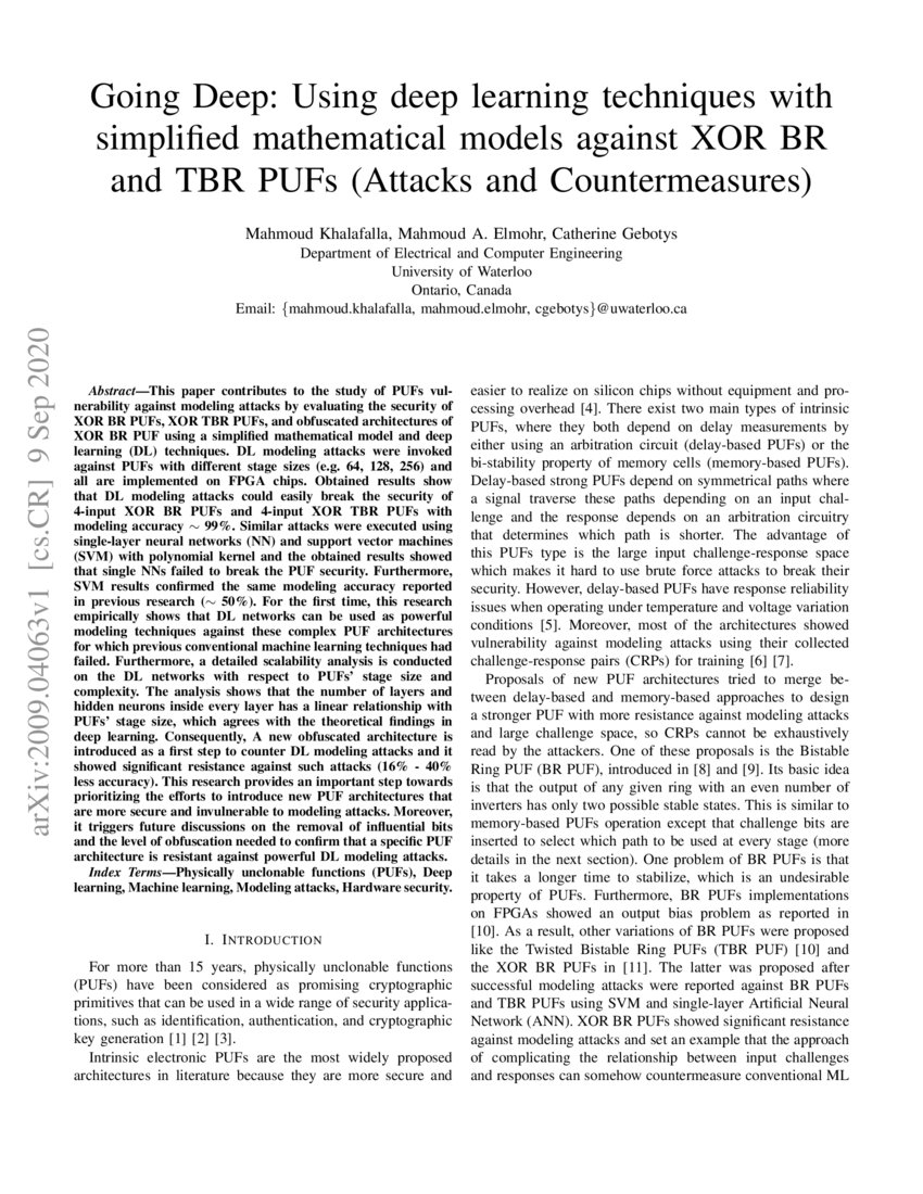 Going Deep: Using deep learning techniques with simplified mathematical models against XOR BR ...