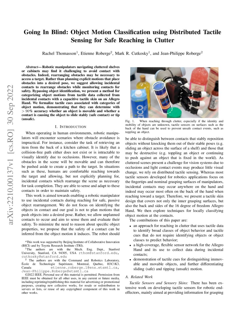 Going In Blind Object Motion Classification Using Distributed Tactile