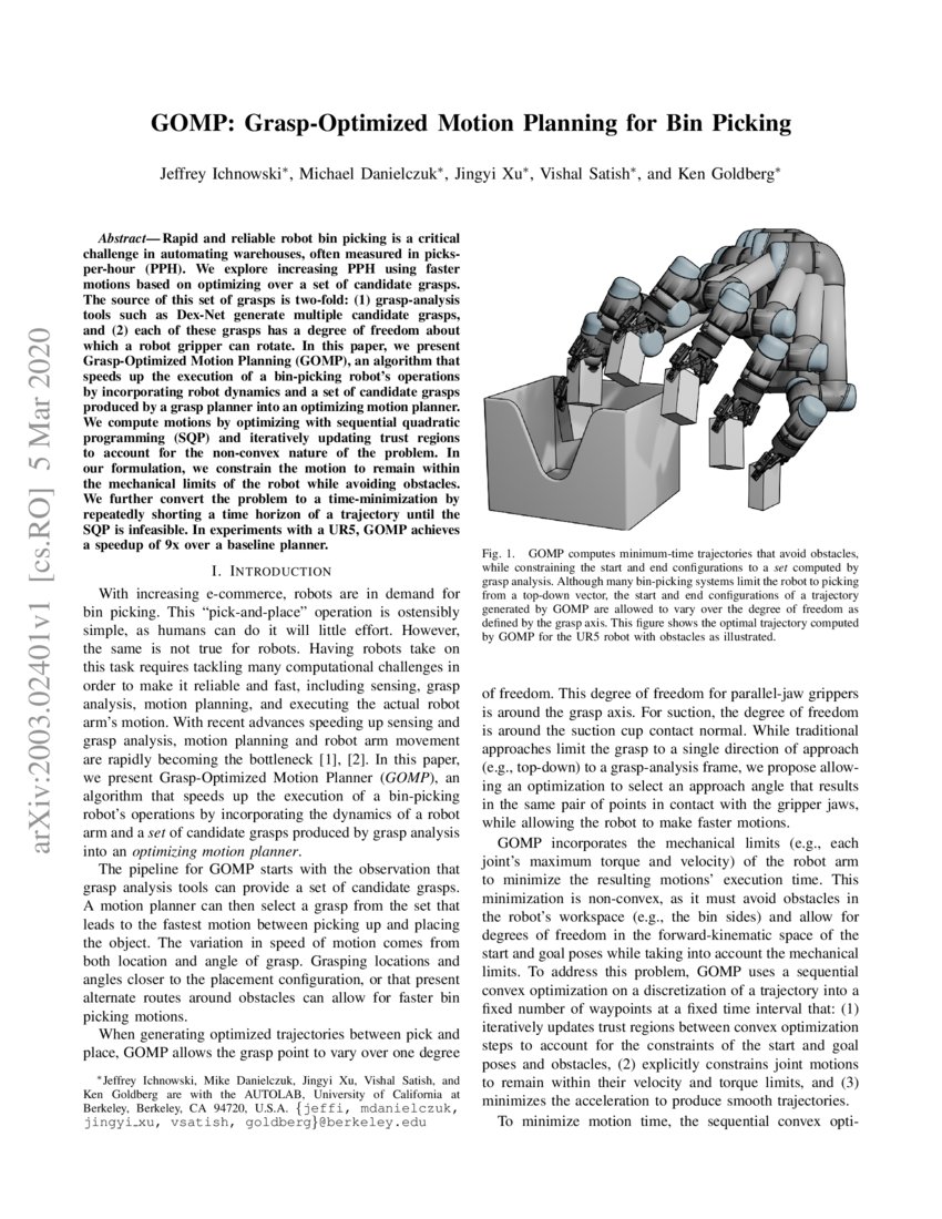 GOMP: Grasp-Optimized Motion Planning for Bin Picking | DeepAI