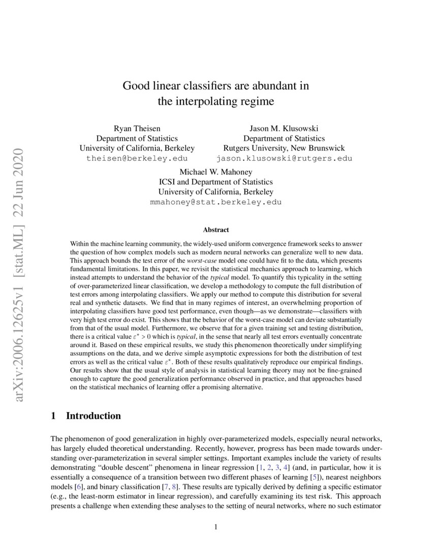 Good linear classifiers are abundant in the interpolating regime | DeepAI