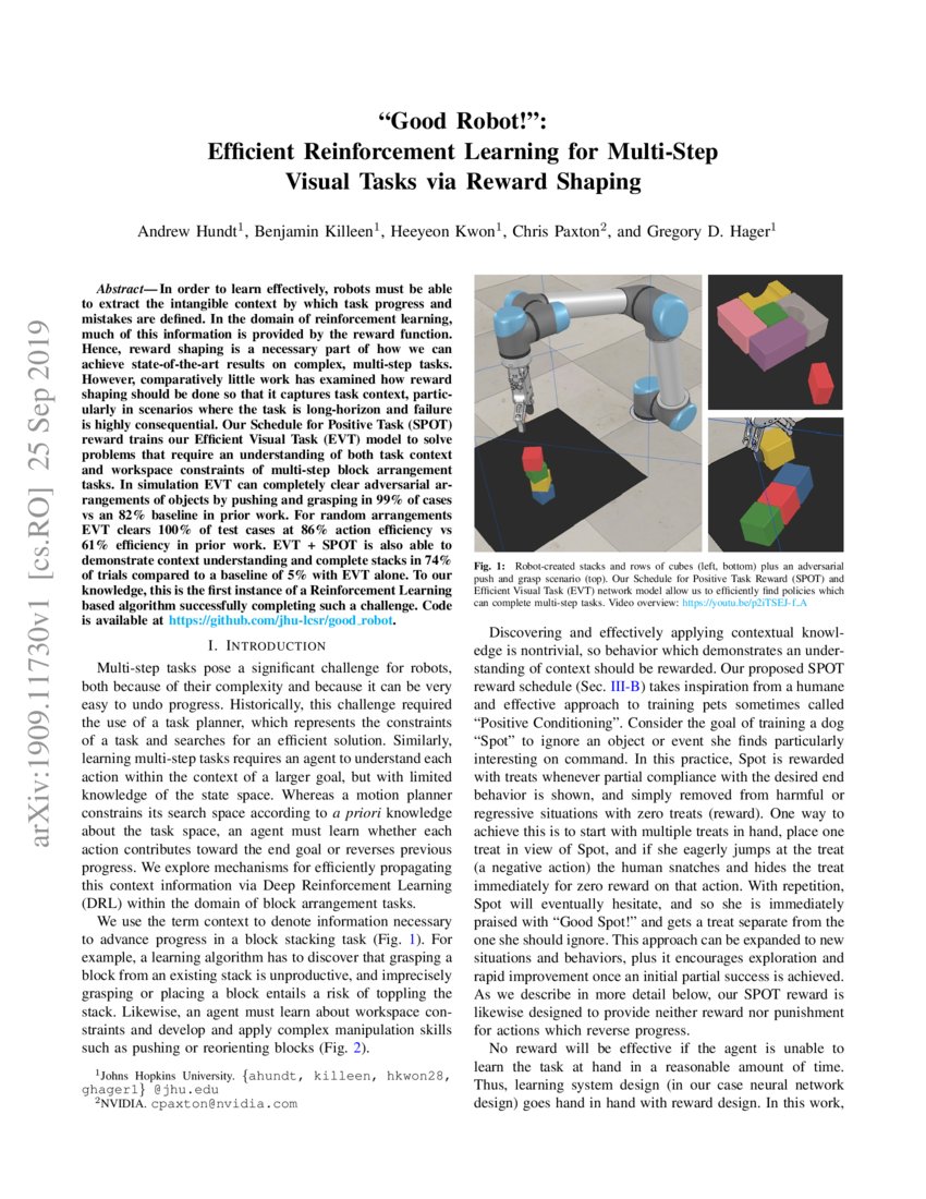 "Good Robot!": Efficient Reinforcement Learning for Multi-Step Visual Tasks via Reward Shaping ...