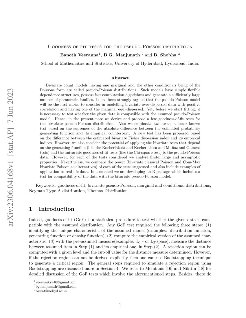Goodness of fit tests for the pseudo-Poisson distribution | DeepAI